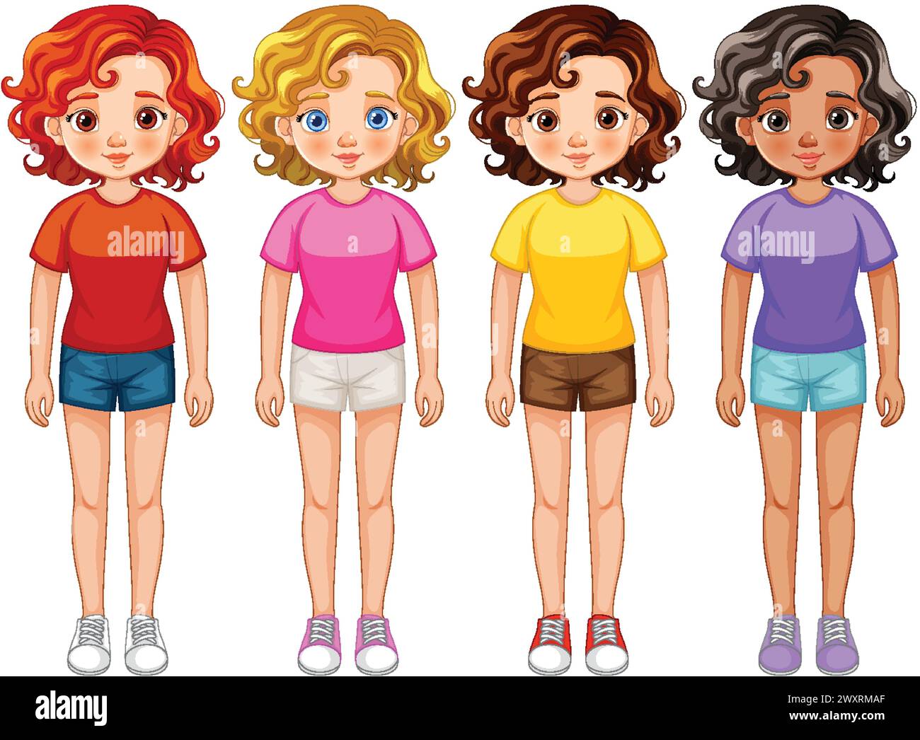 Four cartoon girls with different hairstyles and clothes Stock Vector ...