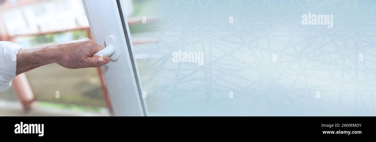 Male hand opening a window; panoramic banner Stock Photo - Alamy