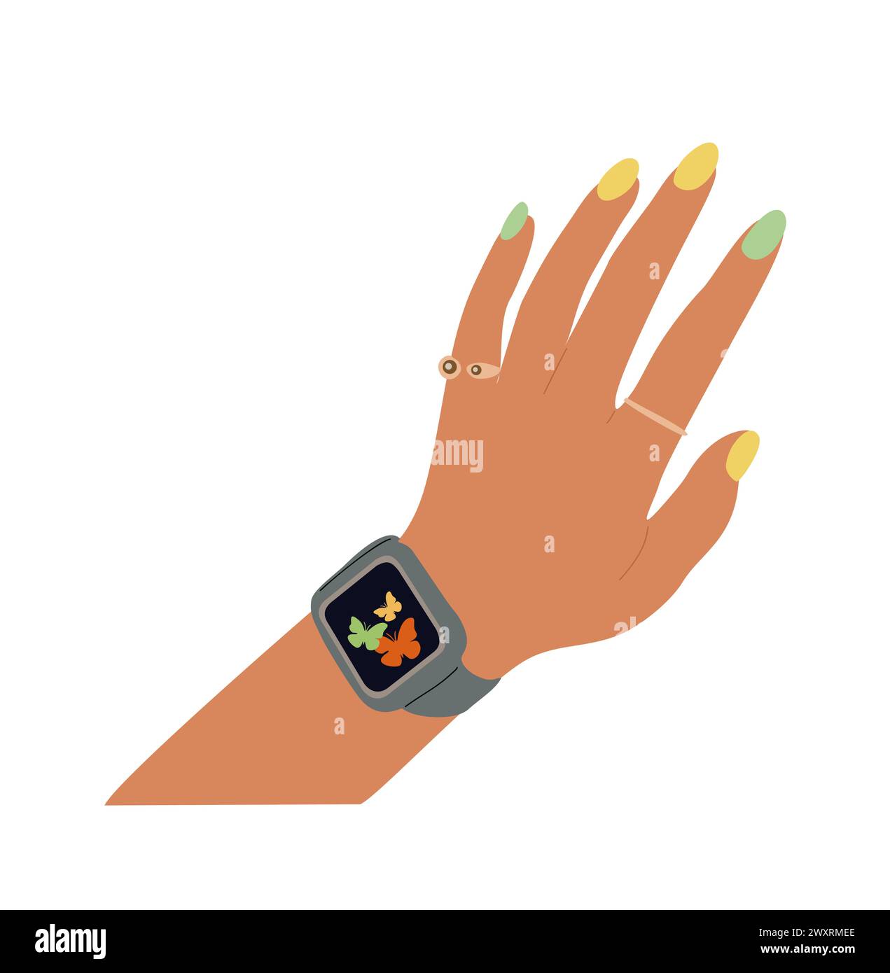 Female hand wearing smart watch on wrist isolated Stock Vector Image ...