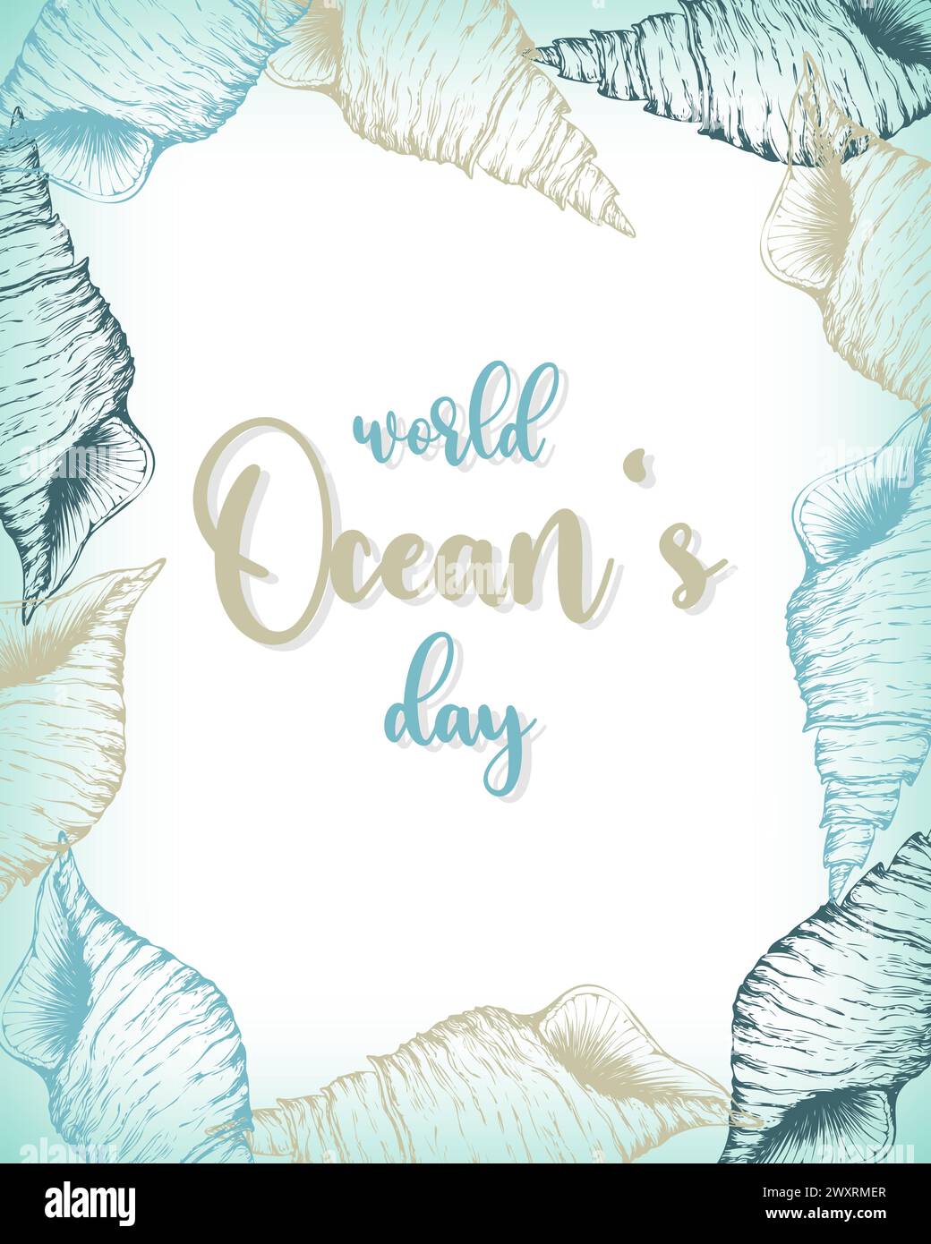 World Oceans Day Card Poster With Seashells Contour Hand Drawing
