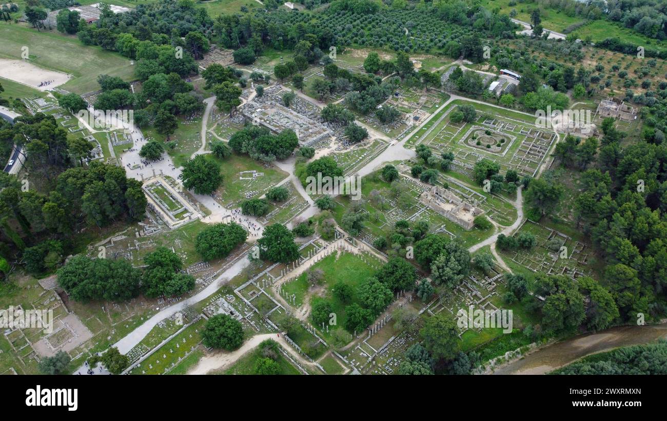 Aerial drone view of the ruins of Ancient Olympia, site of the ancient ...