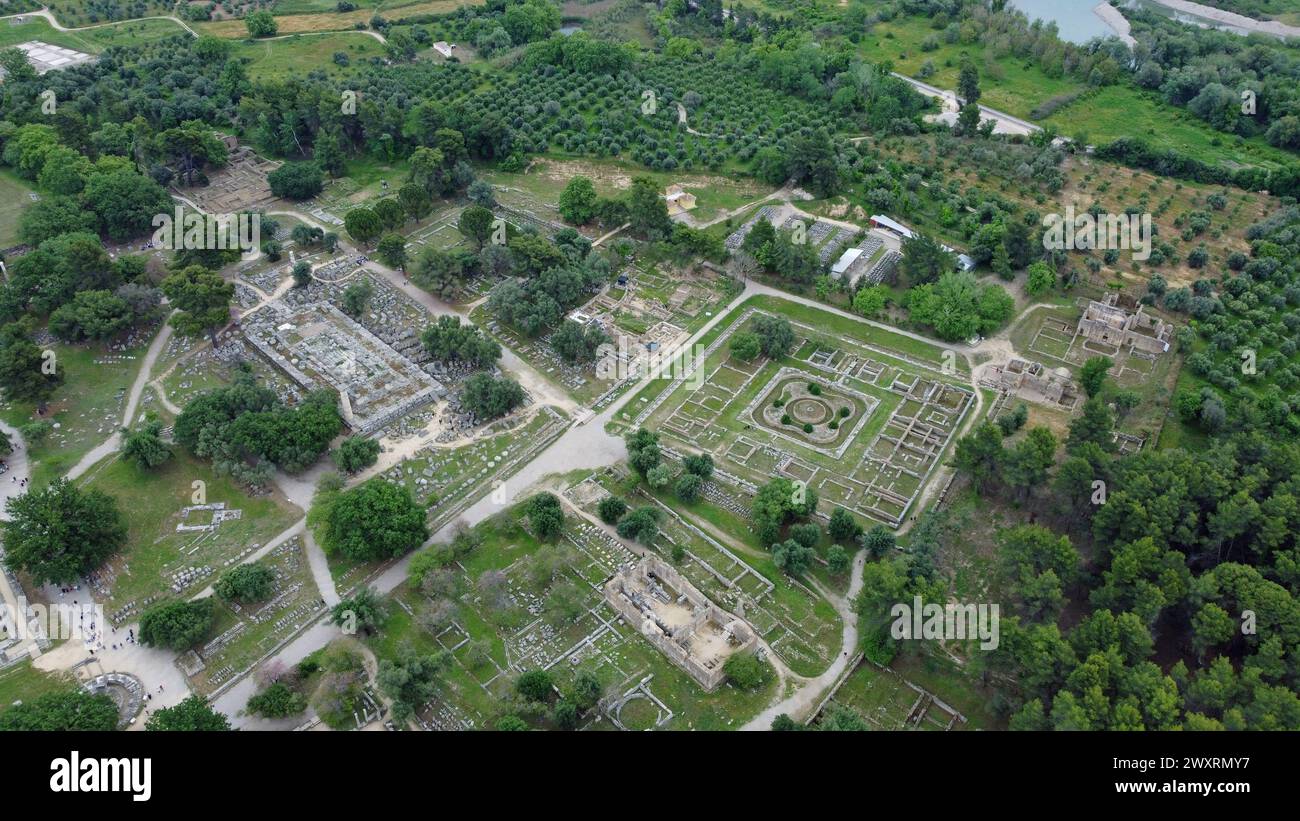 Aerial drone view of the ruins of Ancient Olympia, site of the ancient ...