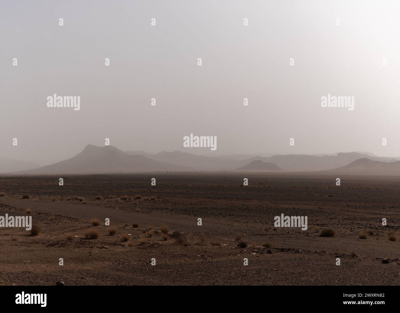 A desert landscape with arid hlls in the distance under a hazy ...