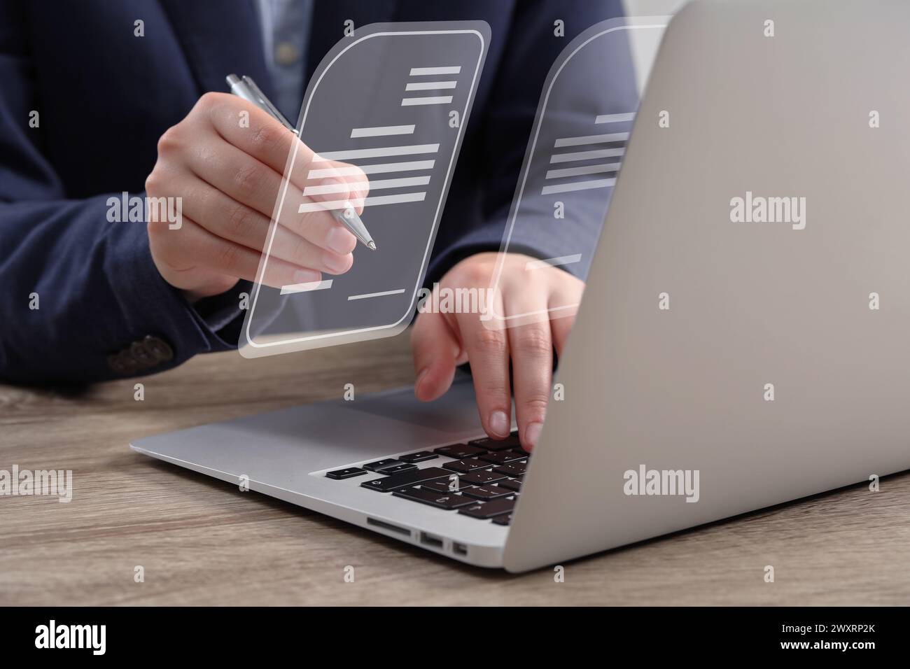 Woman signing electronic document at table, closeup. Virtual screen ...