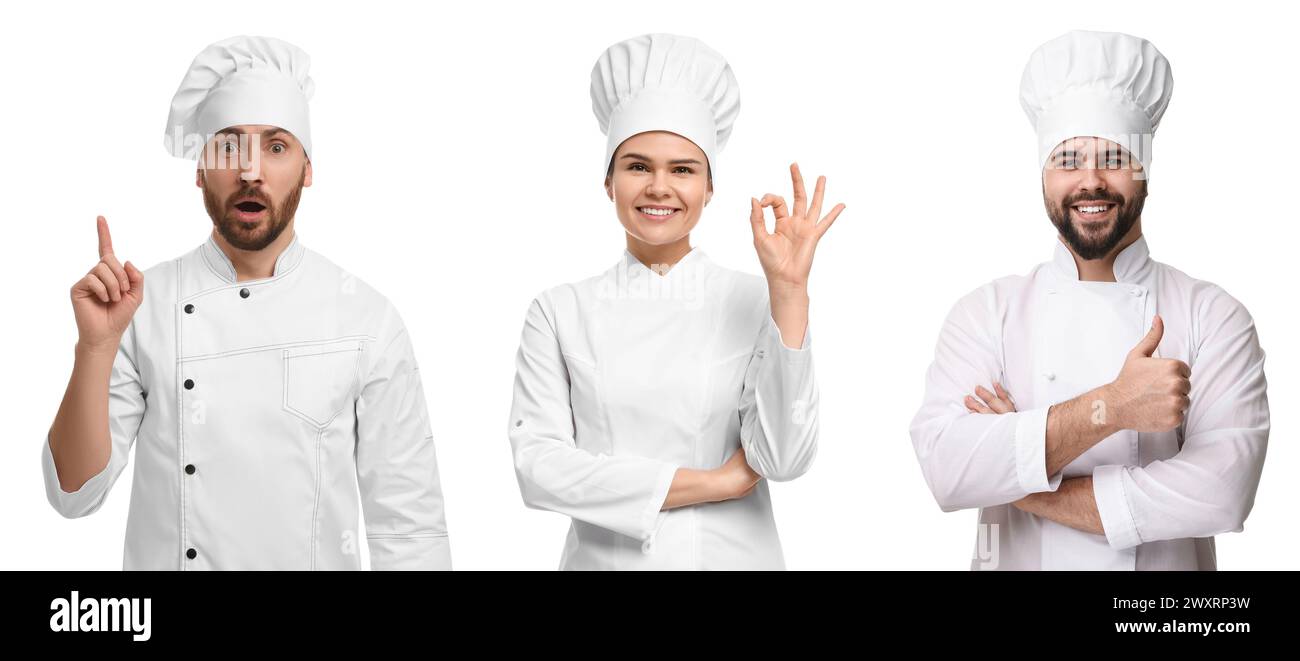 Chefs in uniforms on white background, set with photos Stock Photo - Alamy