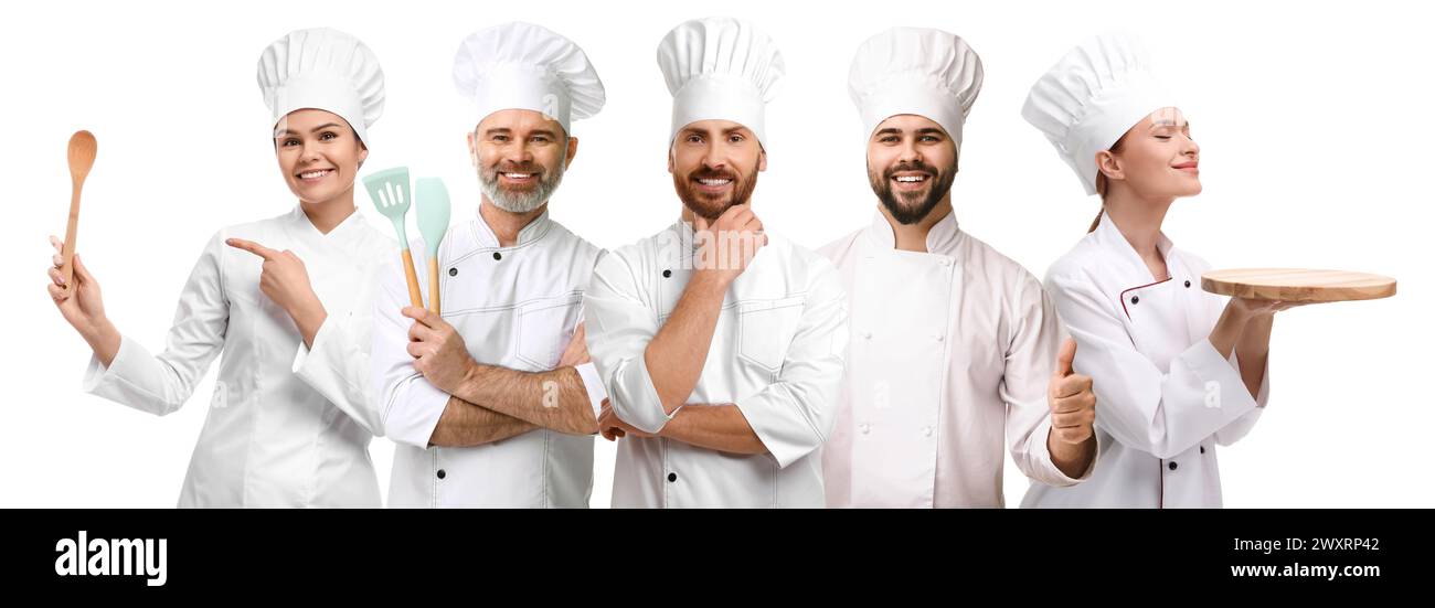 Chefs in uniforms on white background, set with photos Stock Photo - Alamy