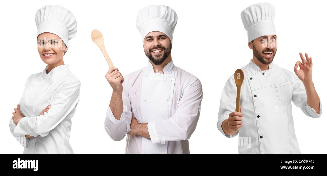 Chefs in uniforms on white background, set with photos Stock Photo - Alamy