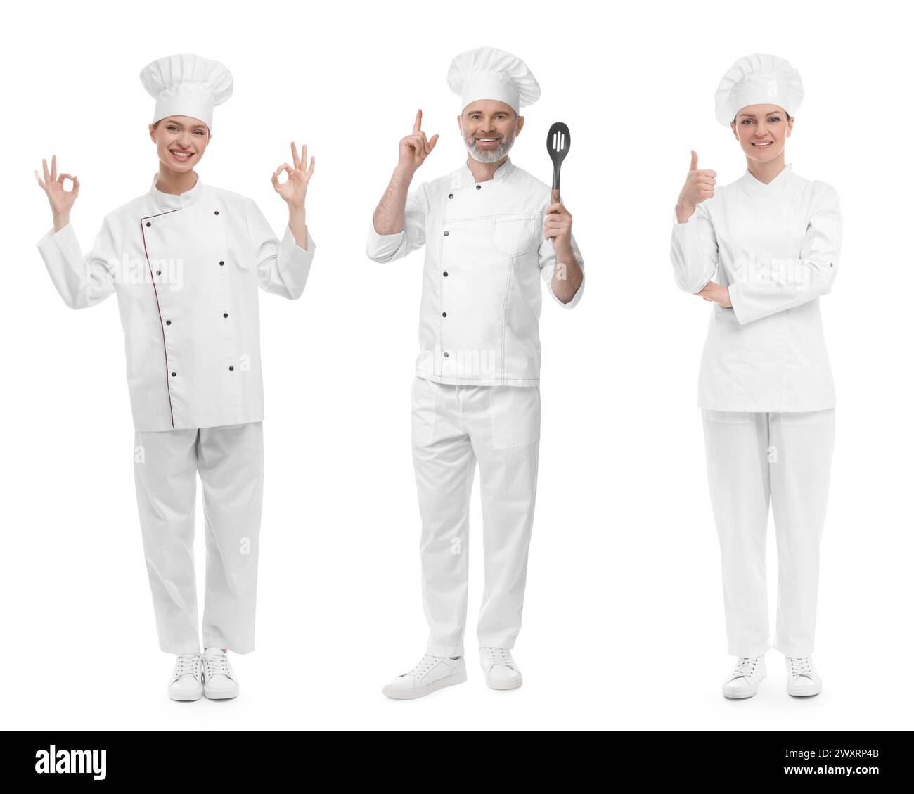 Chefs in uniforms on white background, set with photos Stock Photo - Alamy