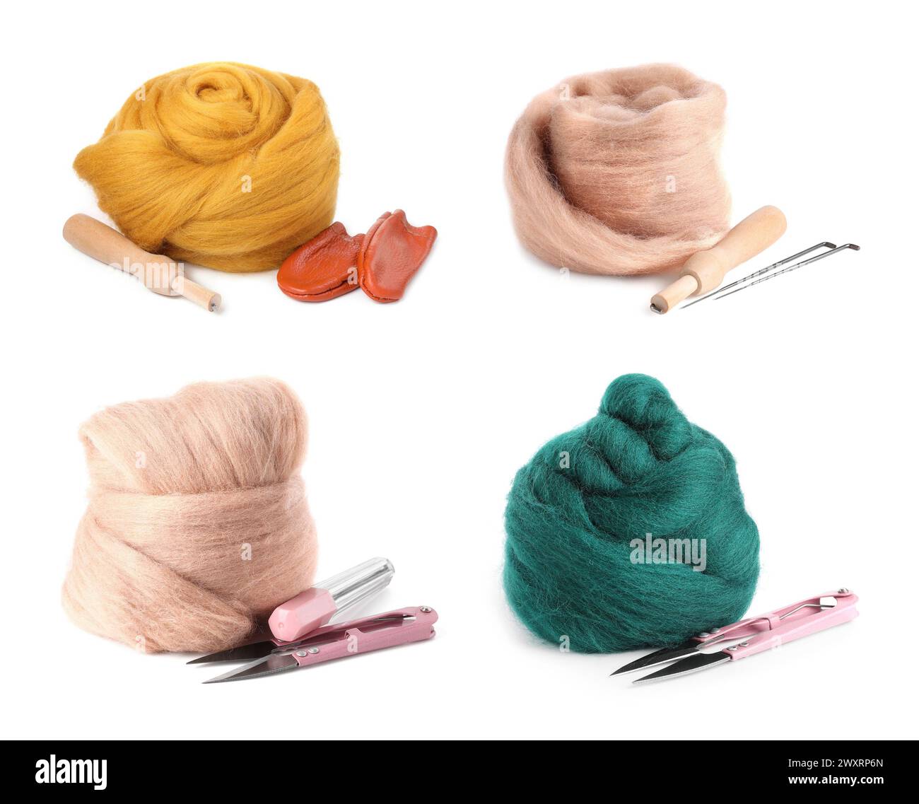 Colorful felting wool and tools isolated on white, set Stock Photo - Alamy
