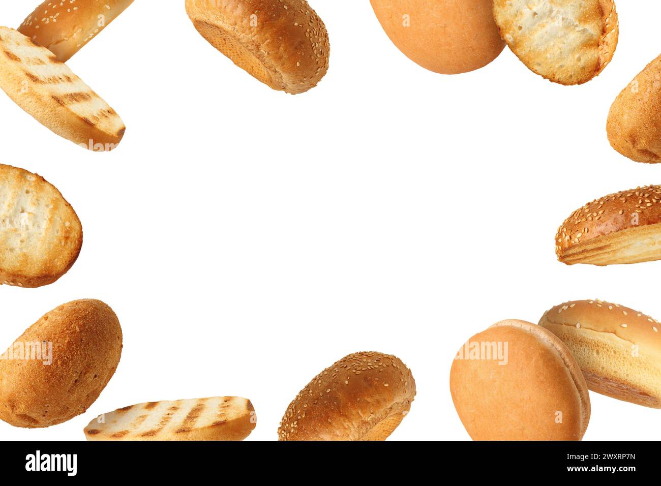 Fresh burger buns falling on white background Stock Photo - Alamy