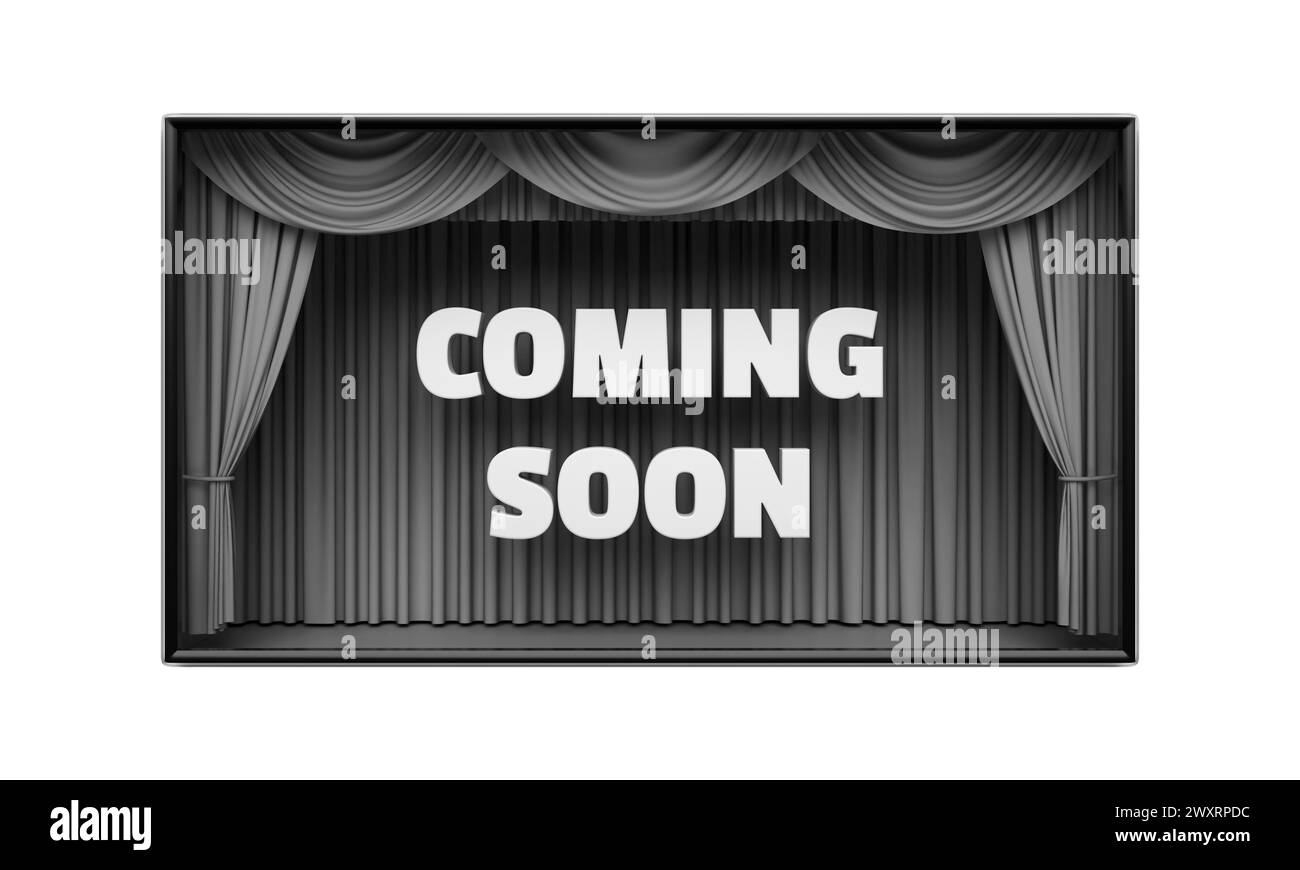 Coming Soon poster with stage curtains 3D illustration Stock Photo - Alamy