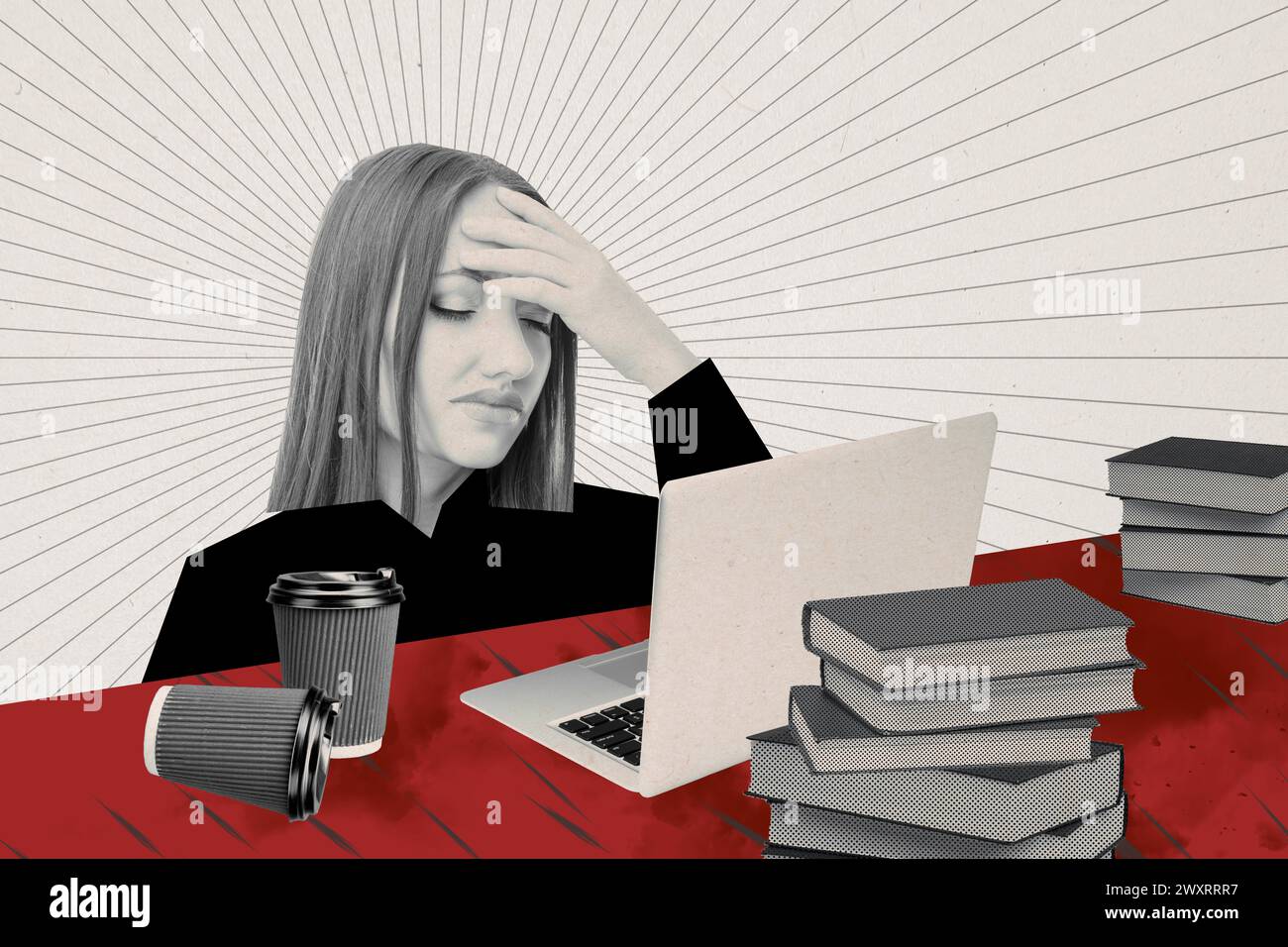 Composite photo collage of upset girl sit macbook screen pile book ...