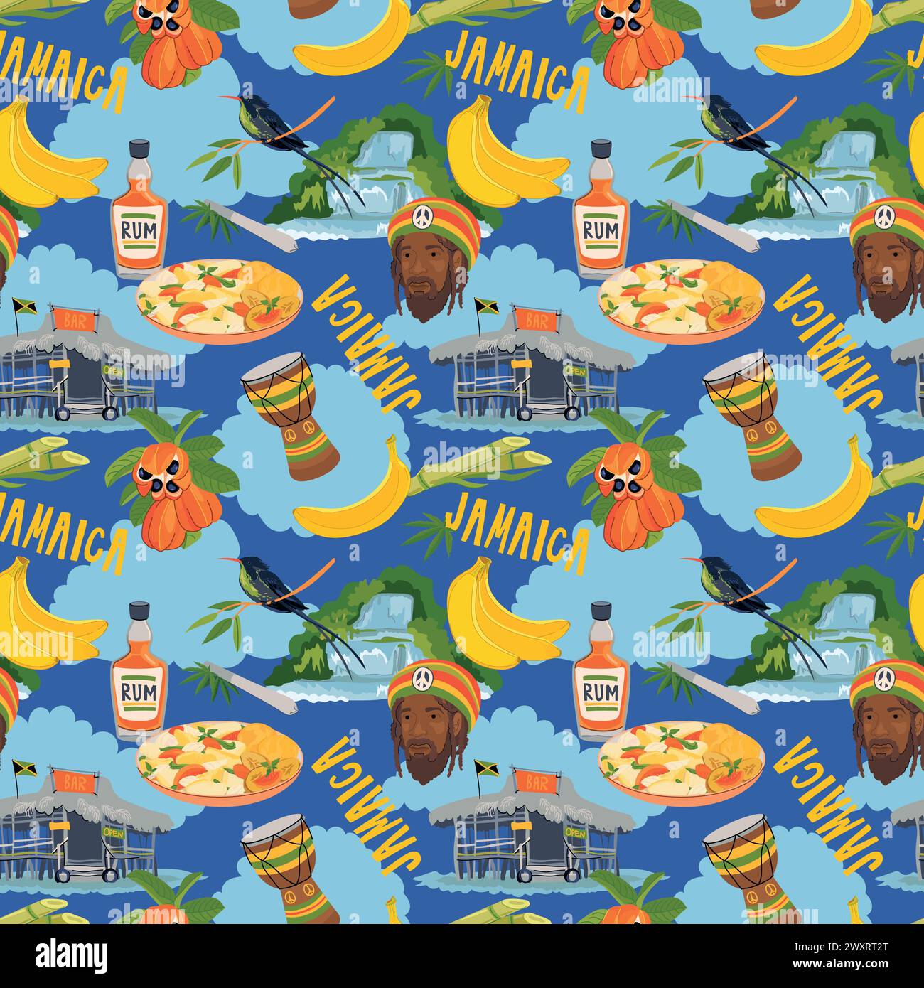 Seamless pattern in Rasta colors. Jamaican vector pattern. Rum, ackee ...