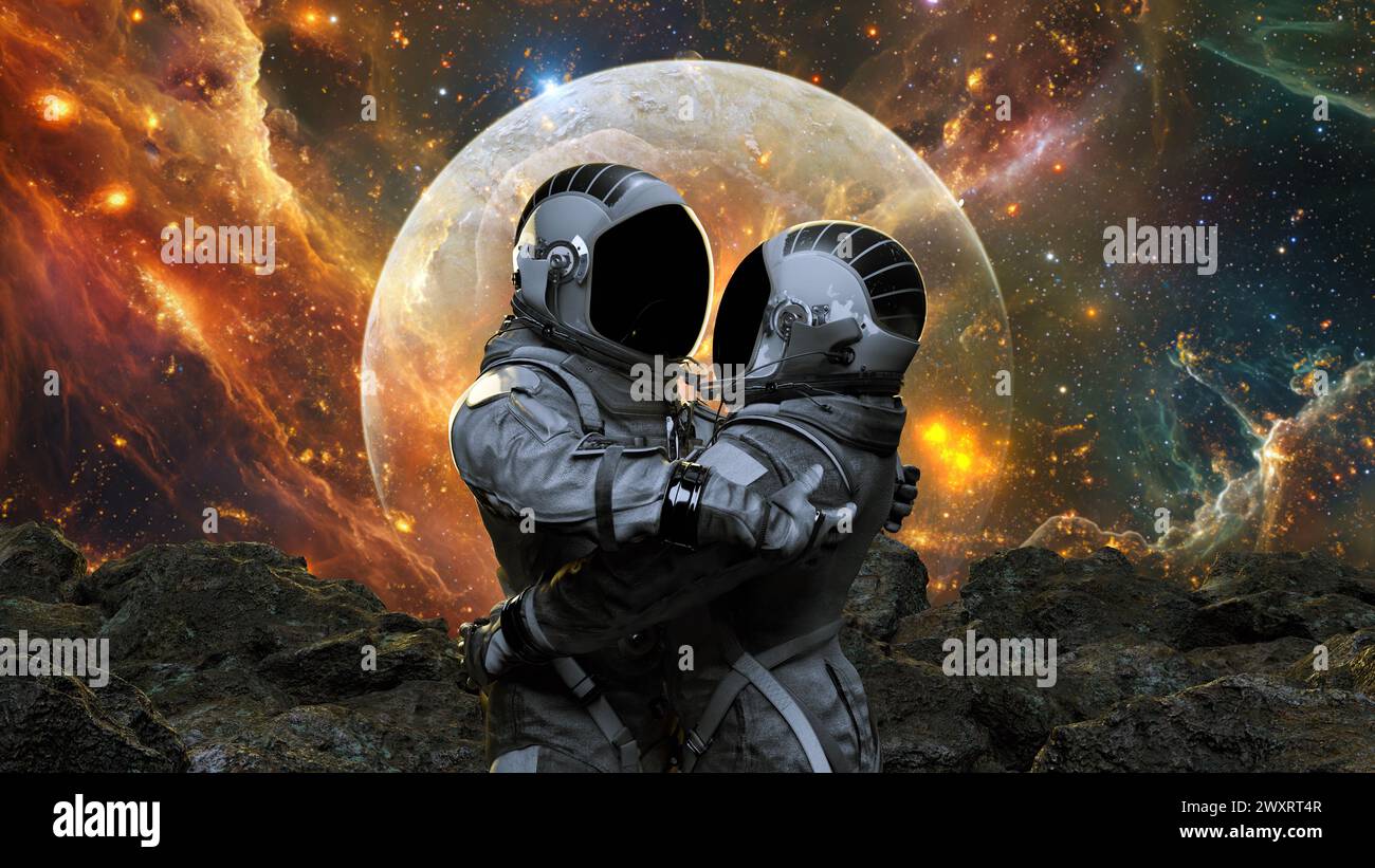 Two astronauts in spacesuits hug amidst cosmic setting with Moon and ...
