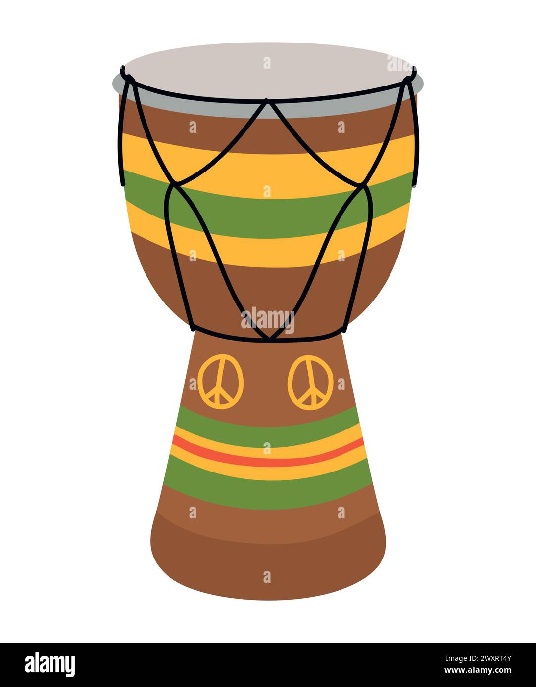 Tomtom drum made of brown wood with a peace sign. Djembe drum African ...