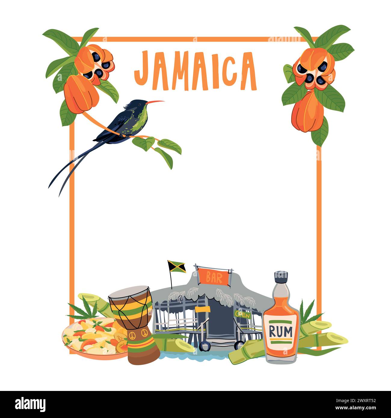 Vertical frame with landmarks of Jamaica. Traditional food, hummingbird ...