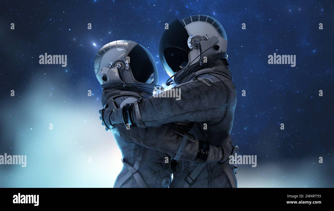 Two of astronauts couple in embrace with visor touching, surrounded by the starry expanse of ...
