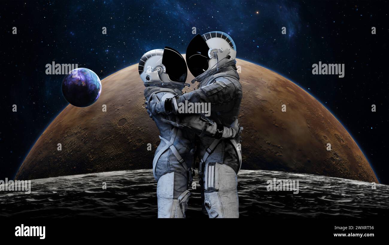 Astronaut couple embracing in space with a breathtaking view of Earth ...
