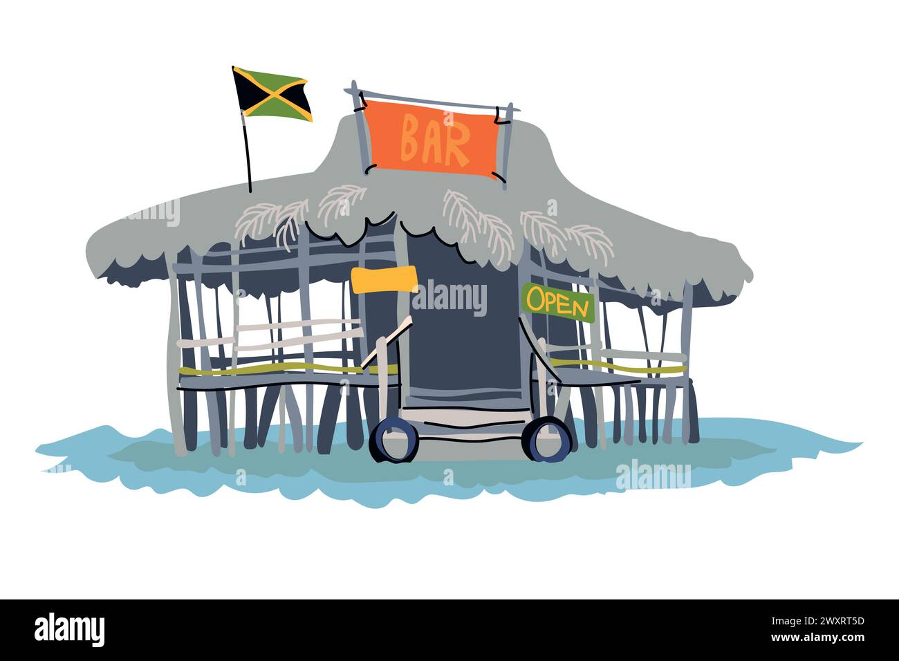 Wooden bar under a roof made of palm branches. Cafe in the Caribbean ...