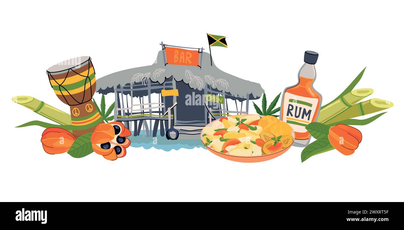 Composition with the sights of Jamaica. Traditional food, drum, beach ...