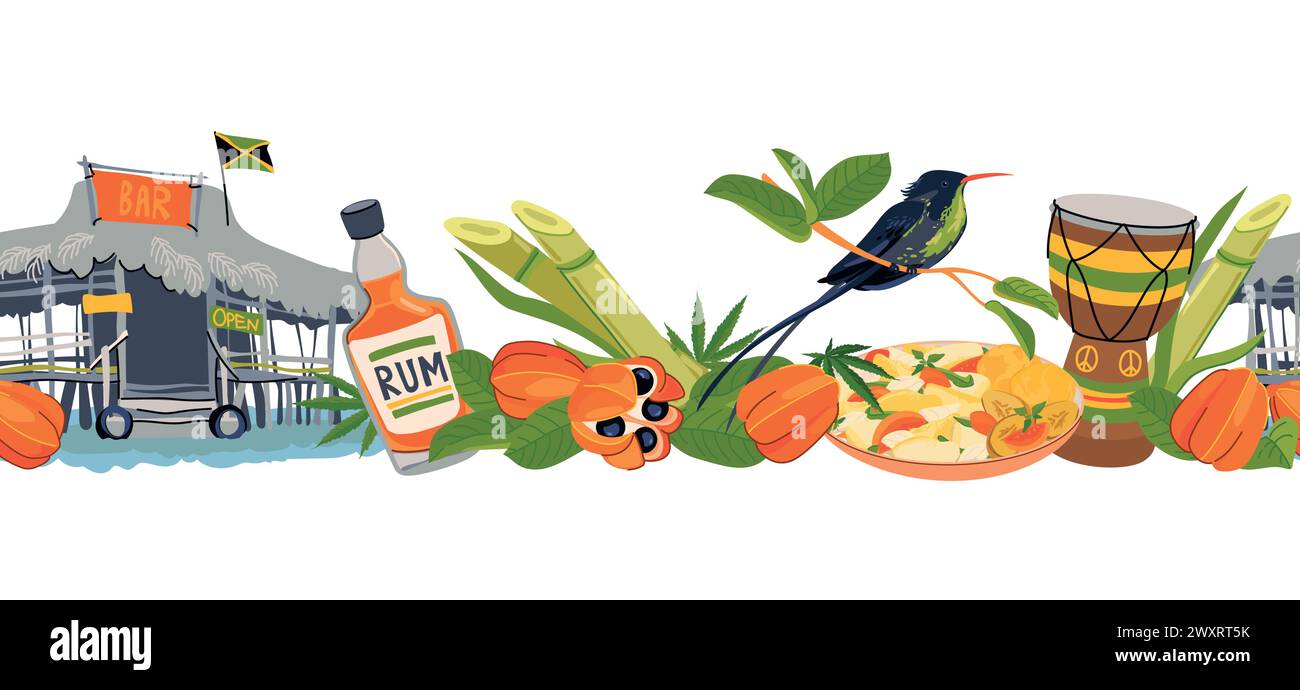Seamless border with Jamaica landmarks. Traditional food, hummingbird ...