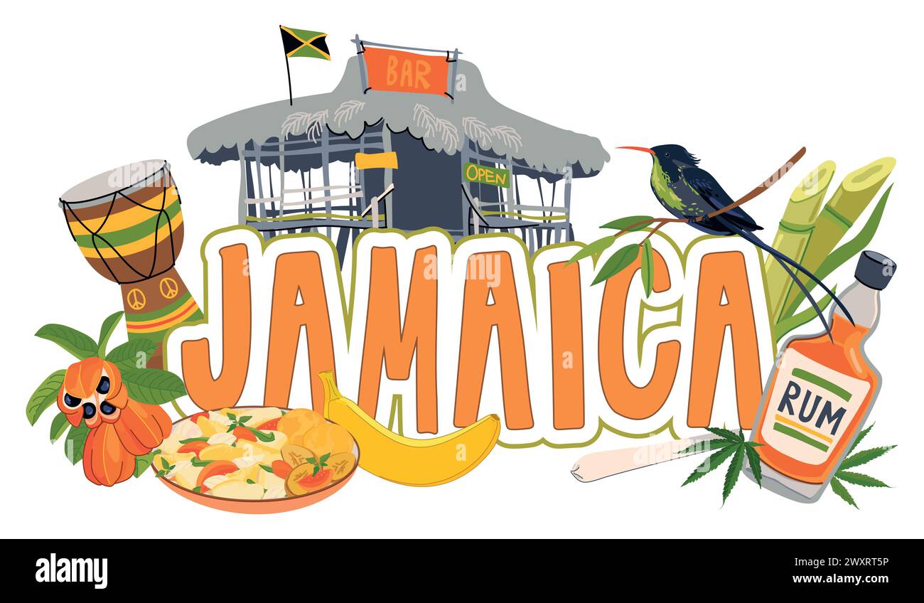 Seamless border with Jamaica landmarks. Traditional food, hummingbird ...