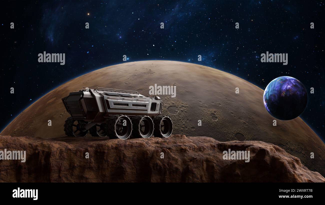 Six wheeled exploration rover traverses barren extraterrestrial terrain ...