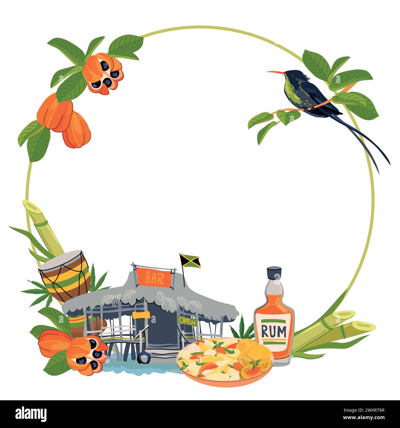 Round frame with landmarks of Jamaica. Traditional food, hummingbird ...