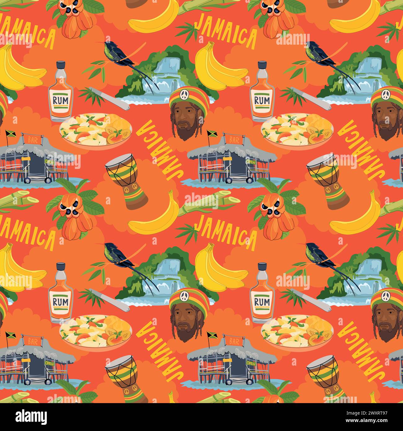 Seamless pattern in Rasta colors. Jamaican vector pattern. Rum, ackee ...