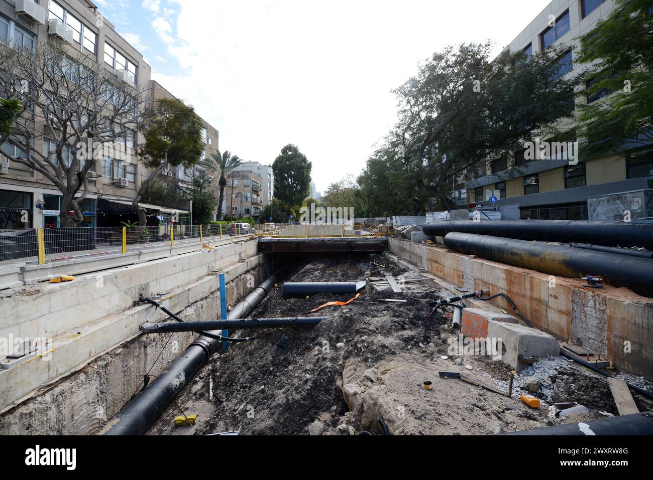 March 2024, Tel-Aviv Israel. Light rail construction in the city center ...