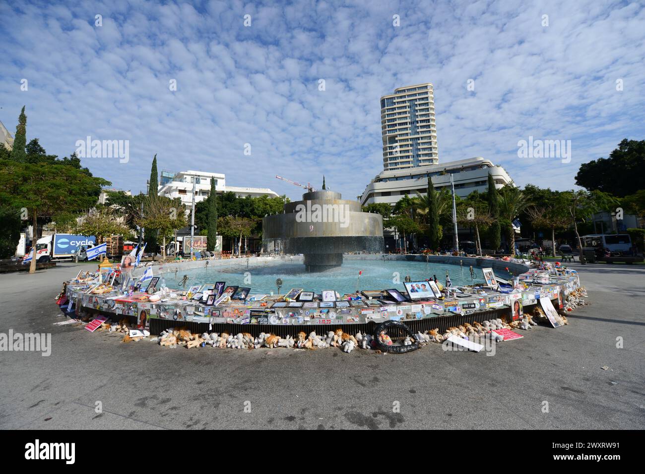 March 2024, Kikar Dizengoff, Tel-Aviv, Israel. A memorial for the ...