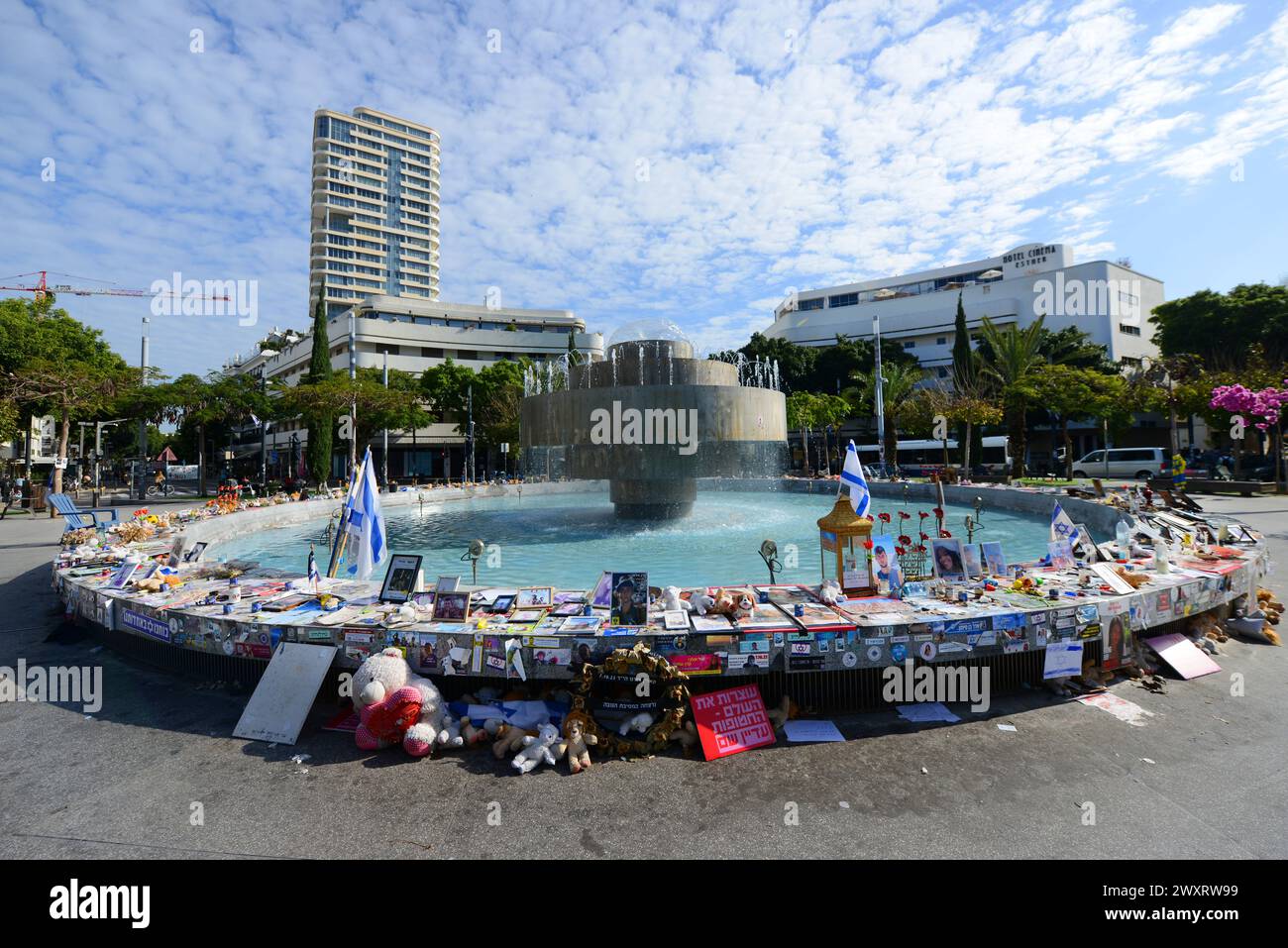 March 2024, Kikar Dizengoff, Tel-Aviv, Israel. A memorial for the ...