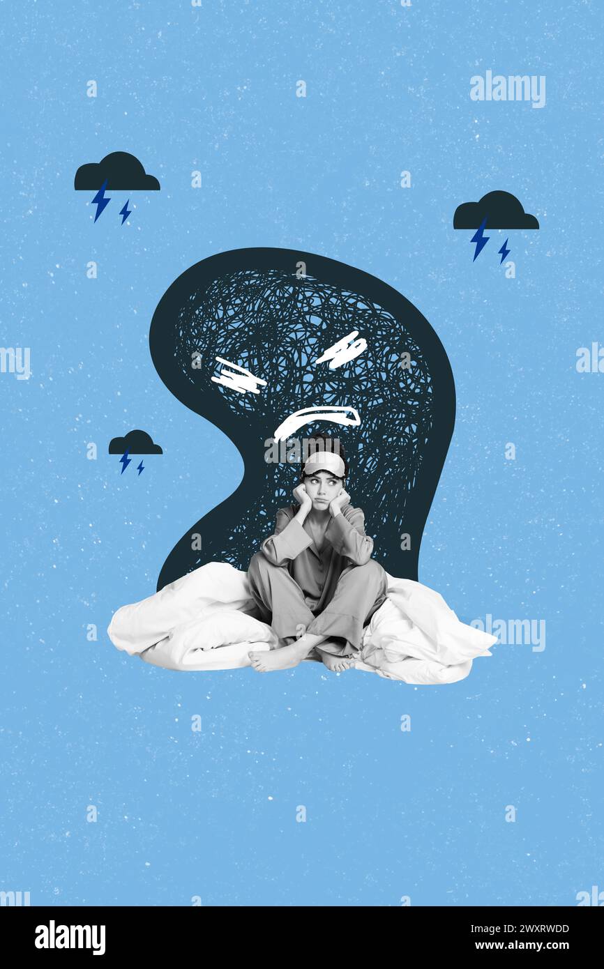 Vertical photo collage of scared little girl awake blanket nightwear ...