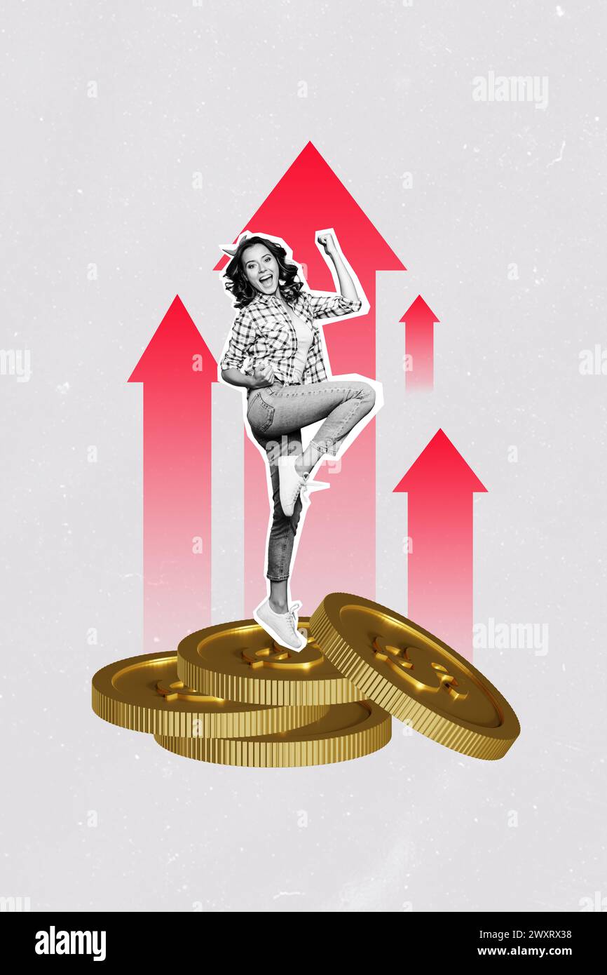 Vertical collage happy young girl celebrate victory golden coins trader ...
