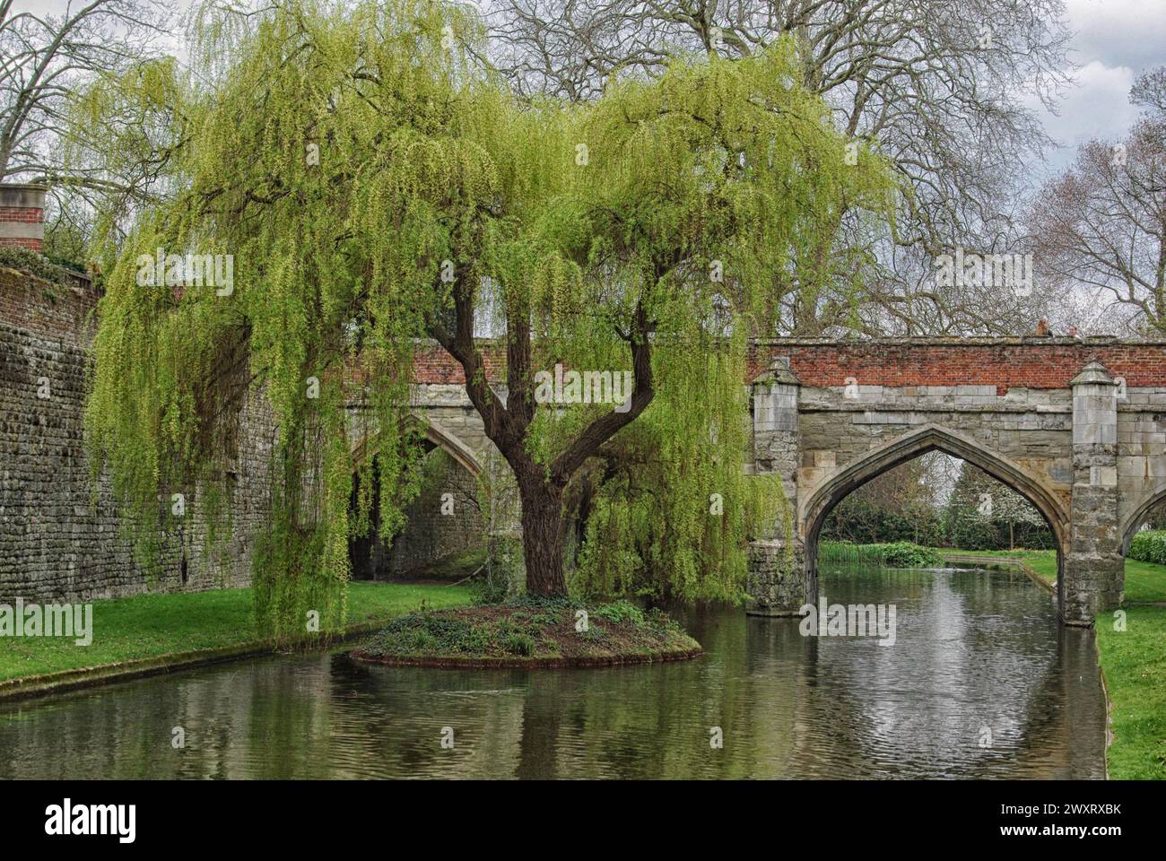 14th century Gothic stone bridge crossing a moat at Eltham Palace ...