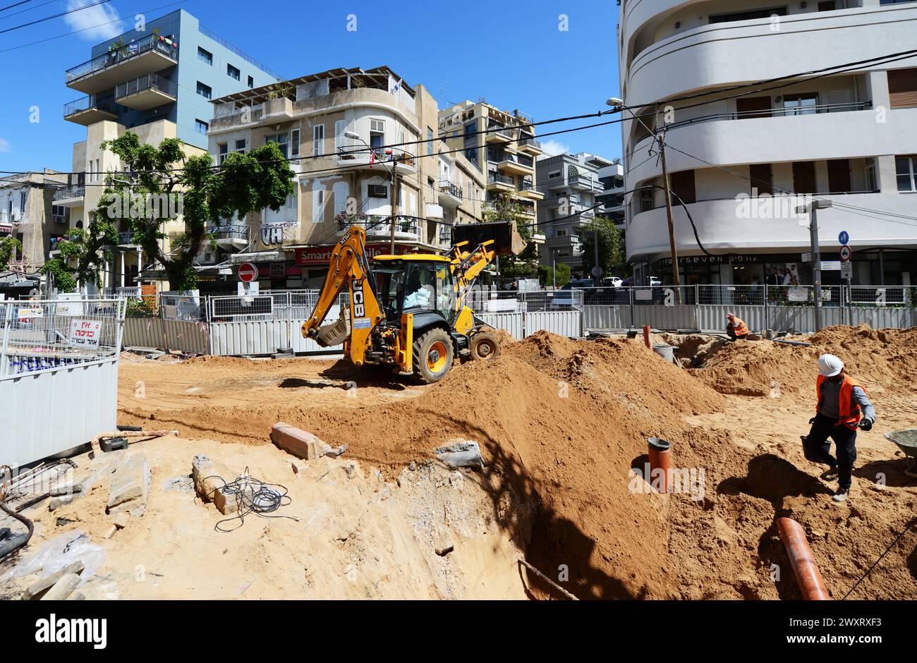 Light rail construction along Allenby street in Tel-Aviv, Israel Stock ...