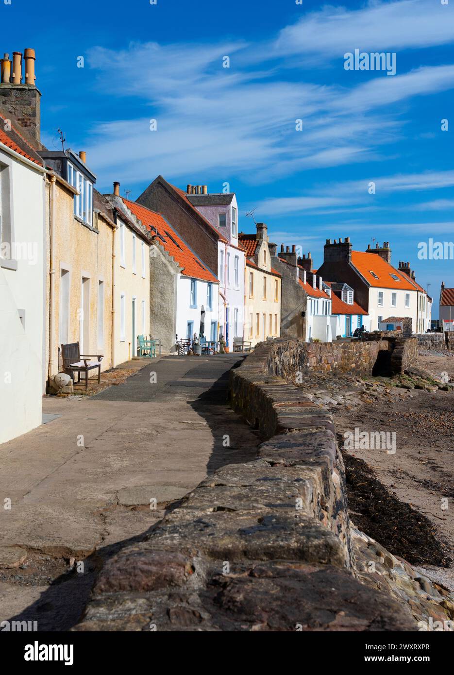 View of old houses and narrow Mid Shore street in Pittenweem, East Neuk ...