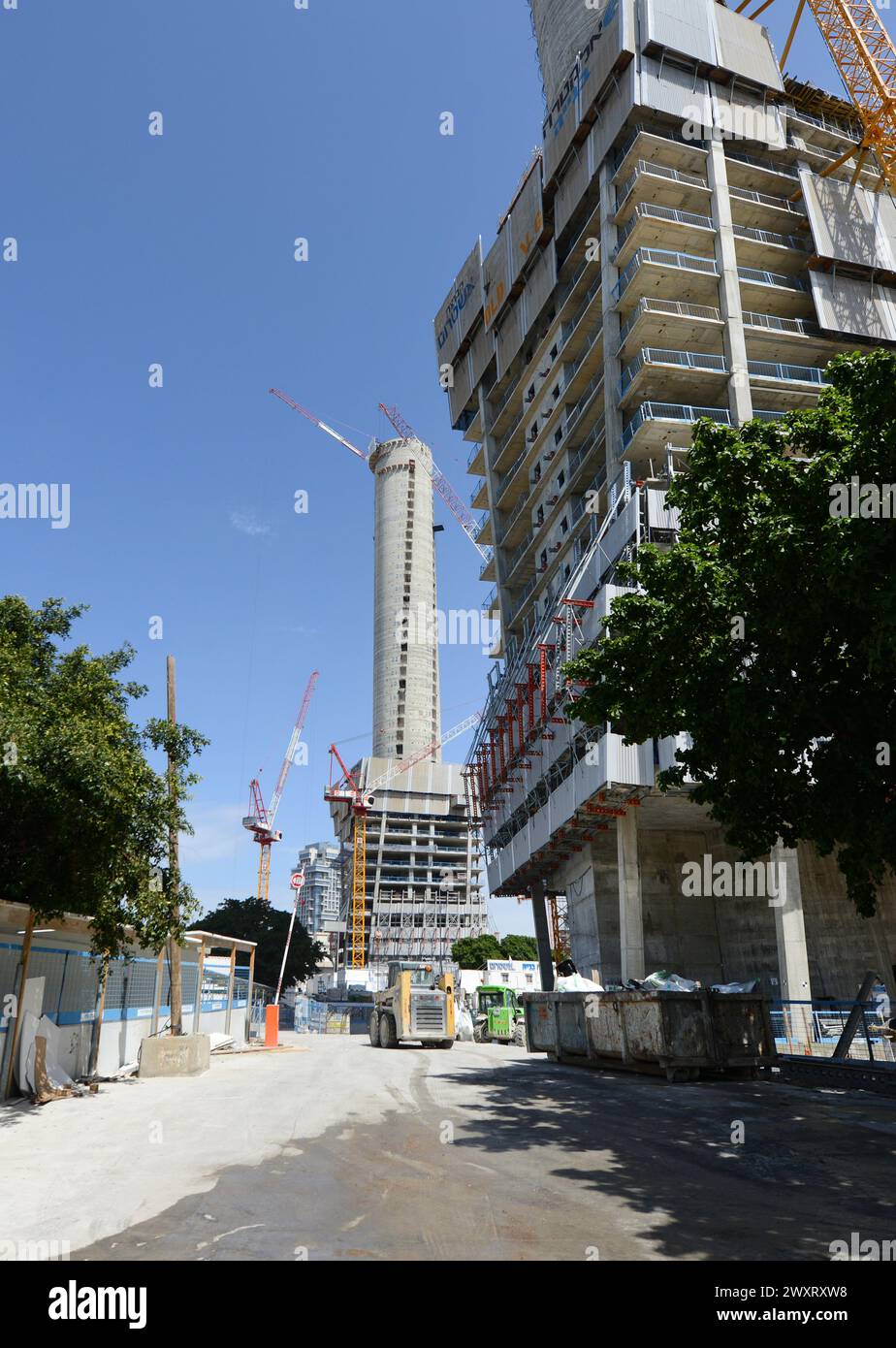 A modern urban complex with three towers under construction in Kikar ...