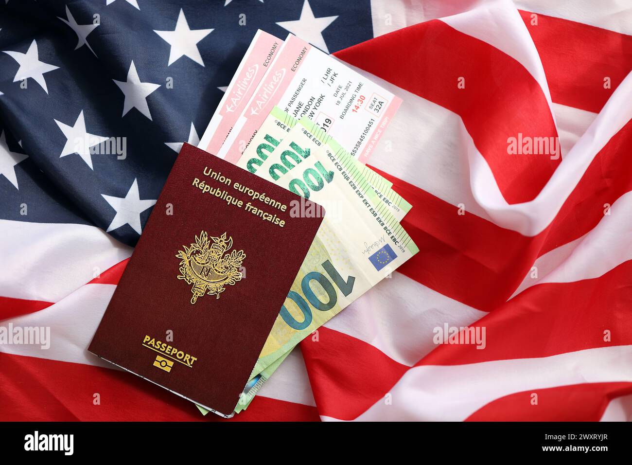 French passport and euro money with airline tickets on United States ...
