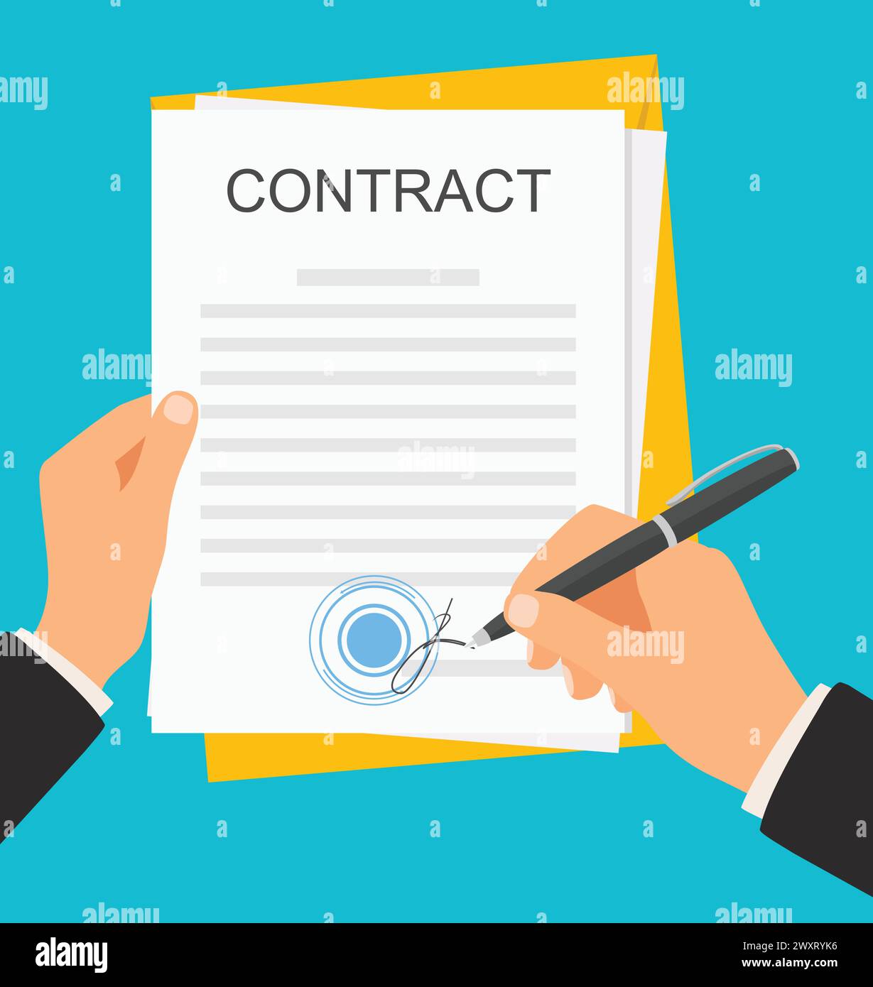 Signed business contract agreement on desk. Contract with pen icon ...