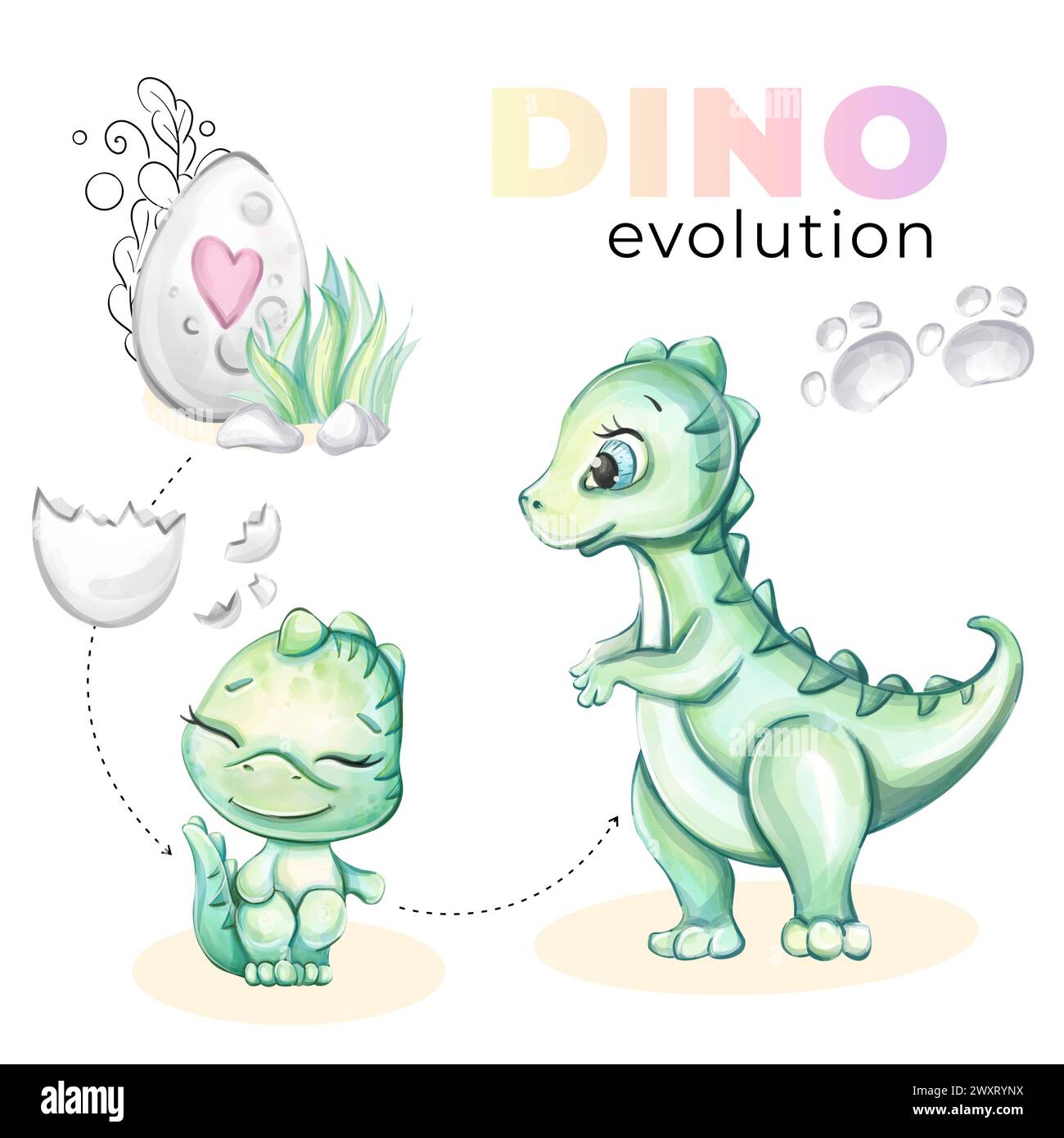 Watercolor cute baby dinosaur Dino family Diplodocus Mom and egg ...
