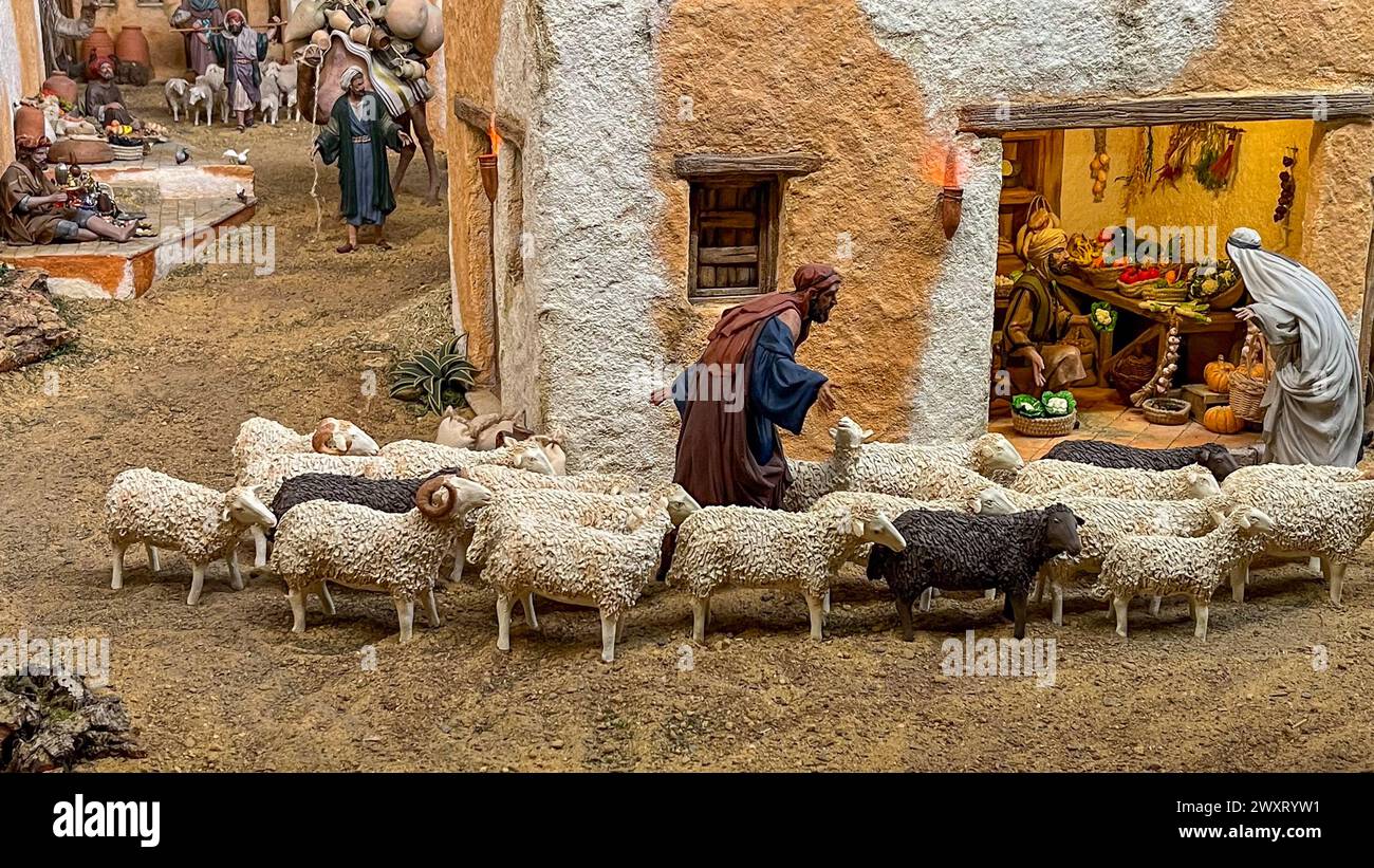 Scene represented by the figure of shepherd with sheep in the nativity ...