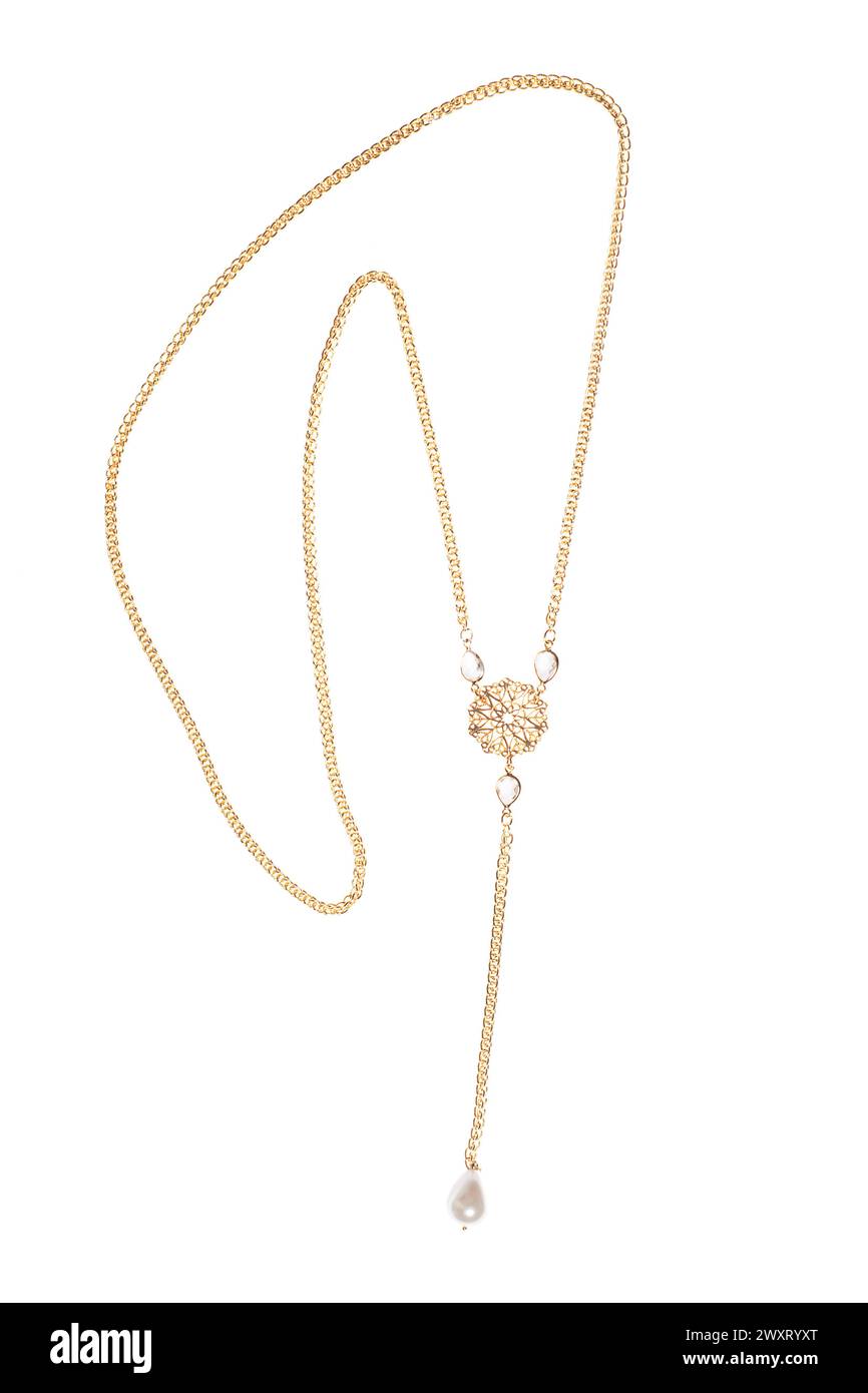 Gold chain long collier necklace isolated on white background Stock ...