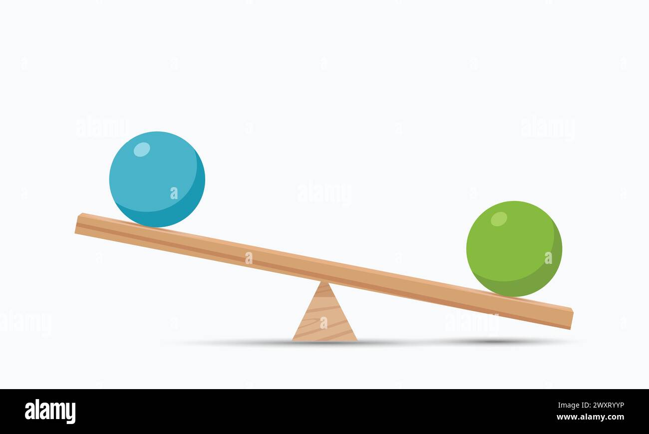 Balance concept. Two spheres out of balance. Balancing wooden plank ...