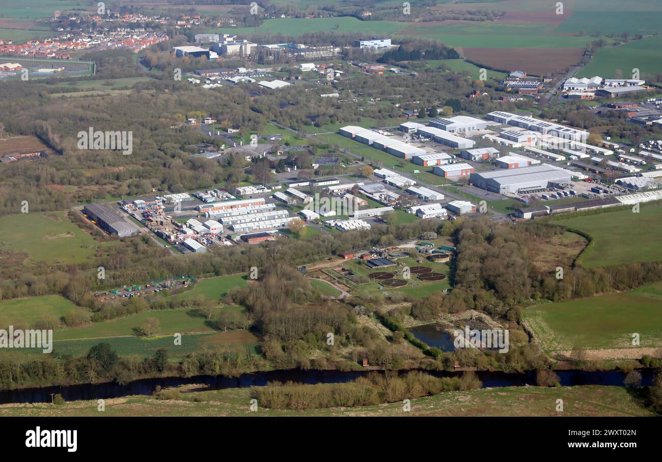 aerial view of Thorp Arch Estate from over the River Wharfe looking ...