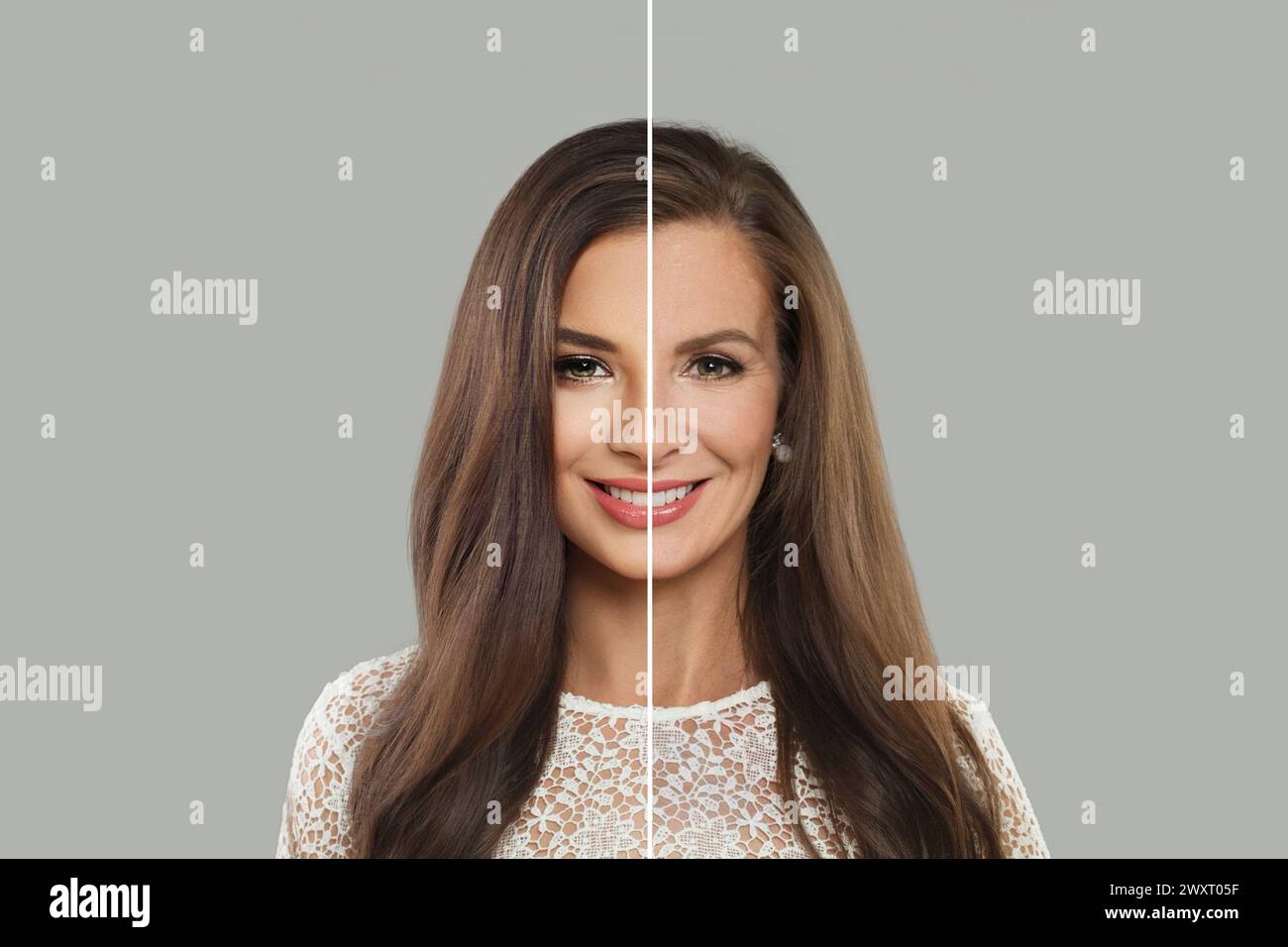 Cosmetology, aging, plastic surgery before and after concept. Two women ...