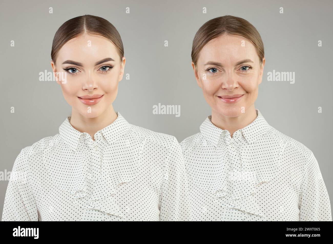Nice models. Young and old woman on white background. Aging ...