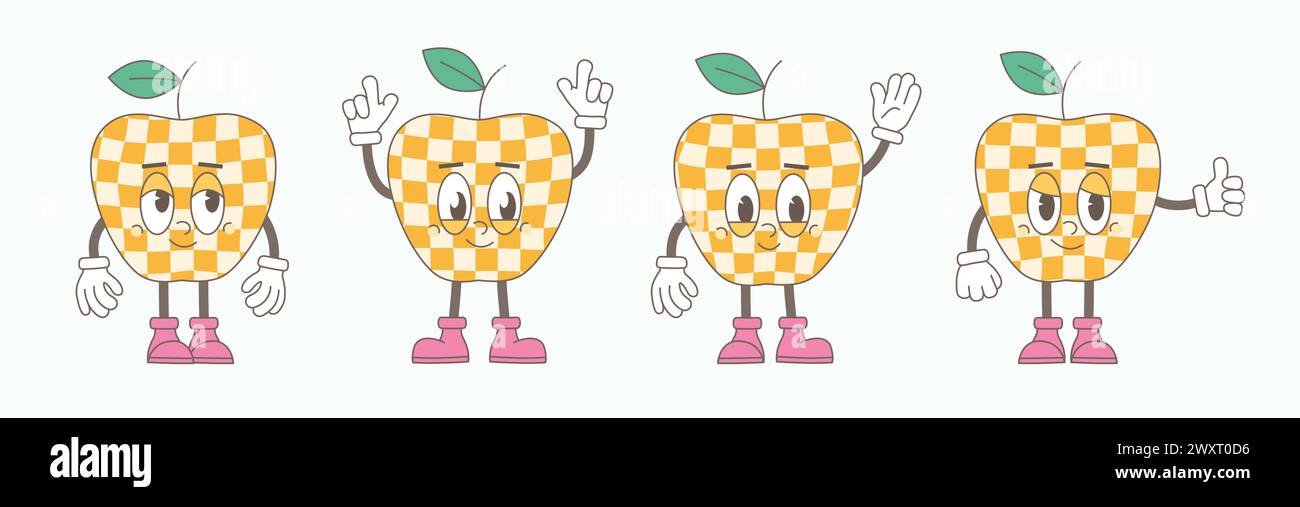 Groovy cartoon apple, hippie checkered pattern. 60s and 70s funky comic ...