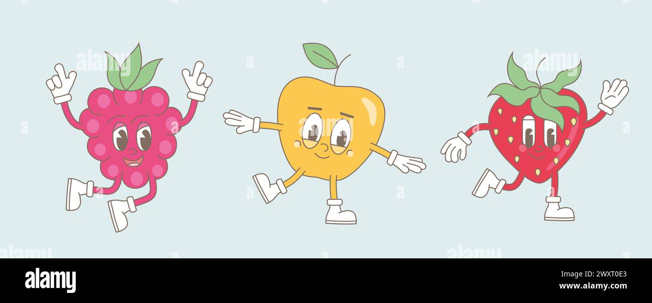 Groovy funny, happy strawberry, raspberry, apple. Vector trendy modern ...