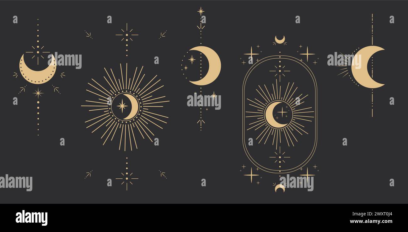 Set gold moon celestial tattoo or tarot astrology magic element with ...